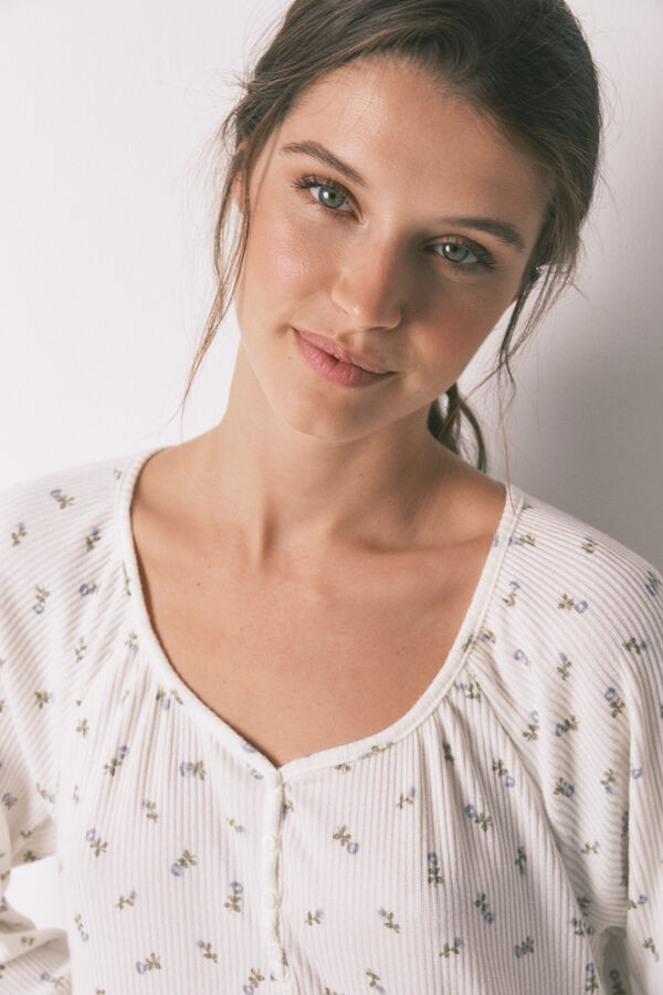 Weit Midi Nachthemd in Weiß mit Blumenmuster