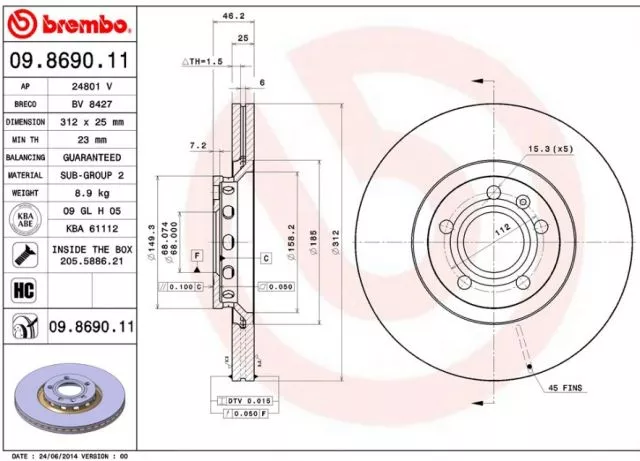 Prednji ventilirajući disk AUDI A4 A6 SEAT ŠKODA VW 25X312 BREMBO