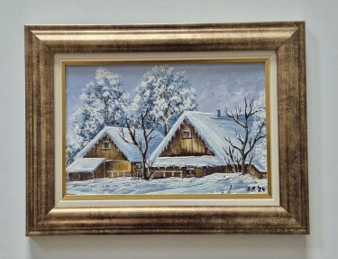 Ulje na lesonitu - Kuce u snegu, prelepo
