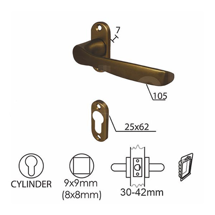 Kvaka rozeta za metalna vrata DABEL KLEK F4 bronzana 25/62/7/105/9 mm cilindar 0101578