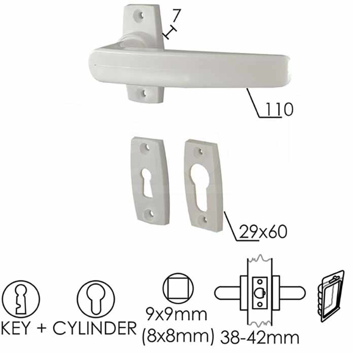 Kvaka rozeta za vrata DABEL PVC-EKO bela 29x60/7/110/8/9 mm ključ + cilindar 0101977