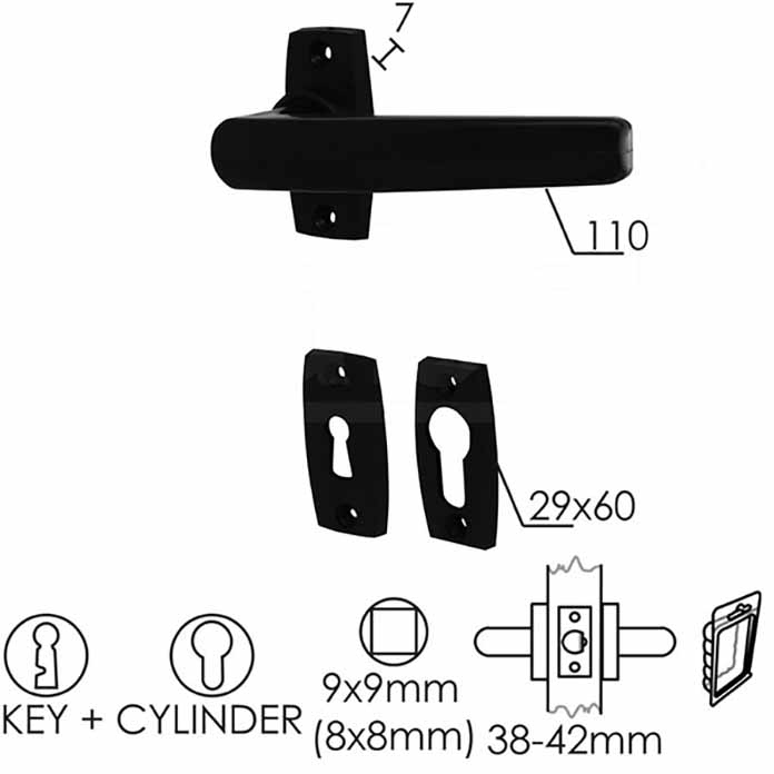 Kvaka rozeta za vrata DABEL PVC-EKO crna 29x60/7/110/8/9 mm ključ + cilindar 0101976