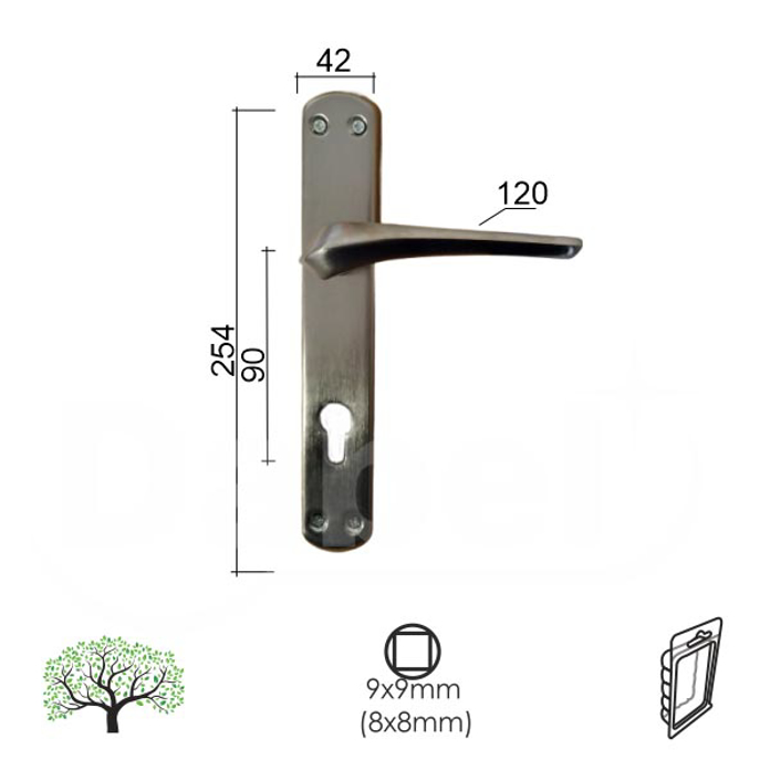 Kvaka šild za vrata DABEL KOTOR inox 90/42/254/10/120/8/9 mm cilindar 0101993