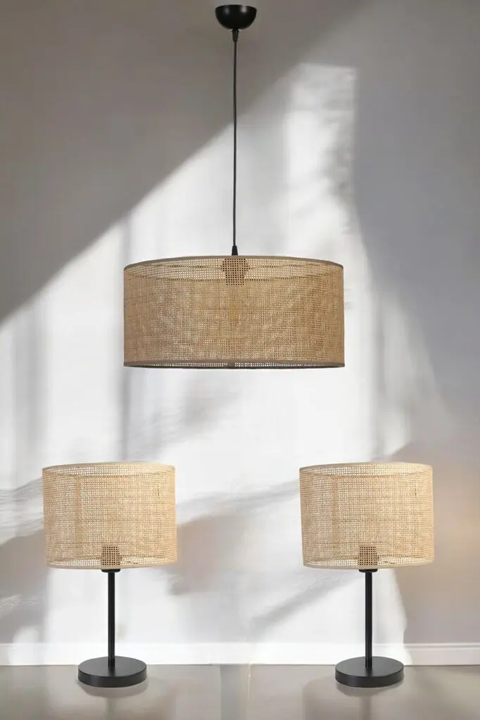Opviq Set luster i stona lampa Örgülü Rattan, Bež