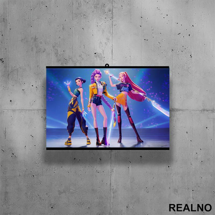 RUMI, MIRA AND ZOEY - WEAPONS - GLOW - HUNTRIX - KPOP DEMON HUNTERS - POSTER SA NOSAČEM