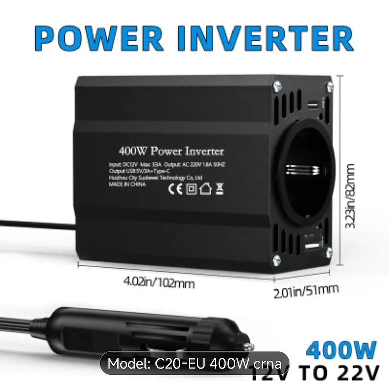 Pretvarač napona 12V na 220V – 400W (Model: C20‑EU, crna) - Snaga