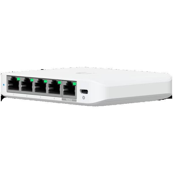 Ubiquiti 5-port 2.5G switch that can be powered with PoE or a USB-C adapter; 4x 2.5 GbE ports, 2.5 GbE PoE input port for power ( USW-FLEX-