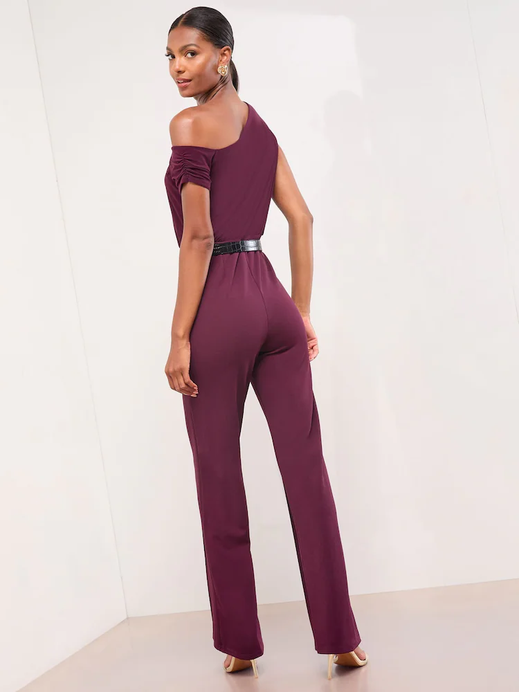 Berry Crveno - Lipsi Off The Shoulder Dres Tkani hibridni kombinezon sa širokim nogama sa Croc PU pojasom
