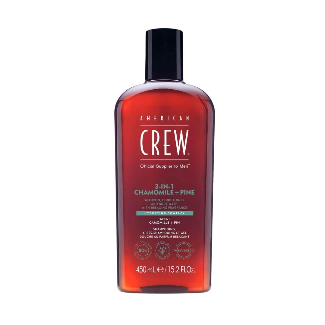 AMERICAN CREW Relaxing 3u1 Chamomile+Pine Šampon, Kondicioner i Losion za Tuširanje Kamilica i Bor 450 mL