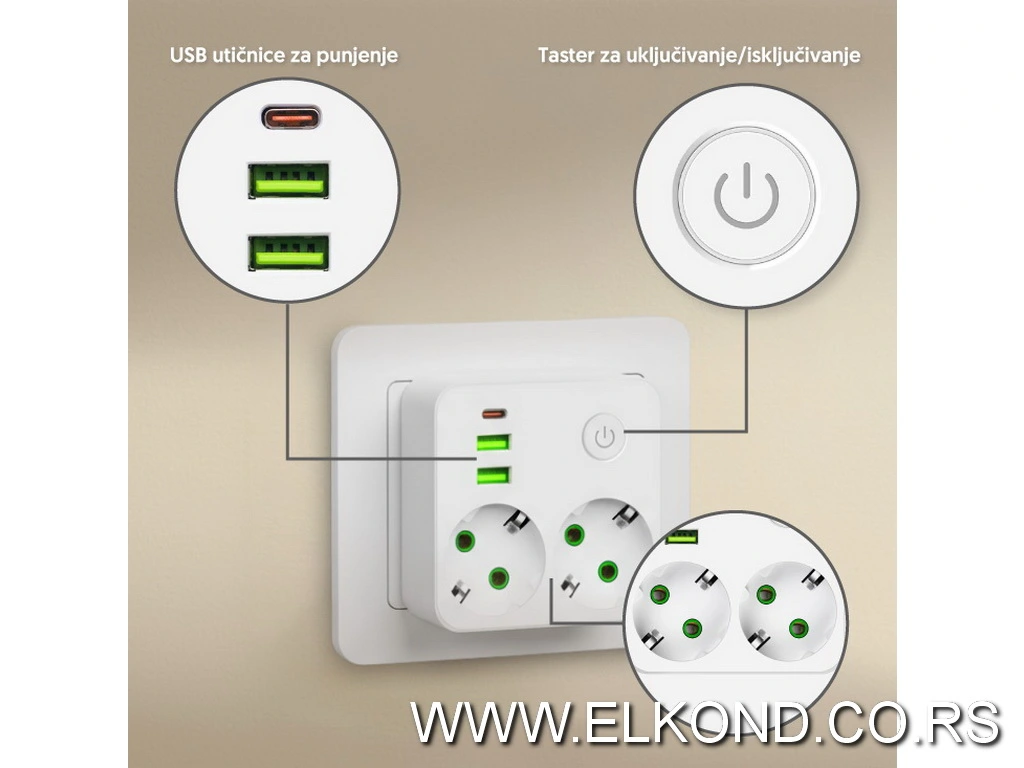 Razdelnik 3x220V 2USB+typeC