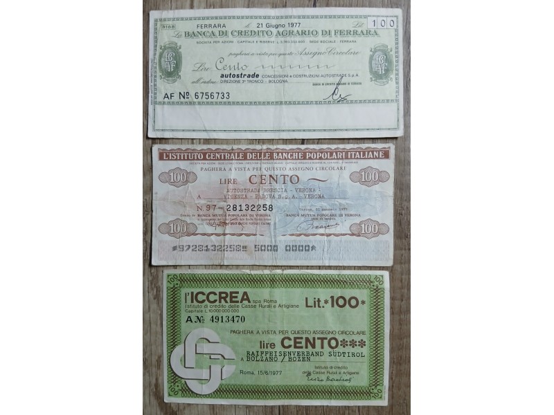 N 65 - Italija - 1977 - Bankovni zapisi - 3 kom. -