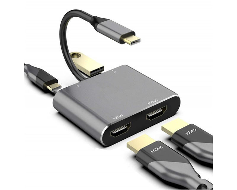 E-GREEN - Adapter USB 3.1 tip C (M) - 2 x HDMI + USB 3.0 + PD 60W (4 u 1)