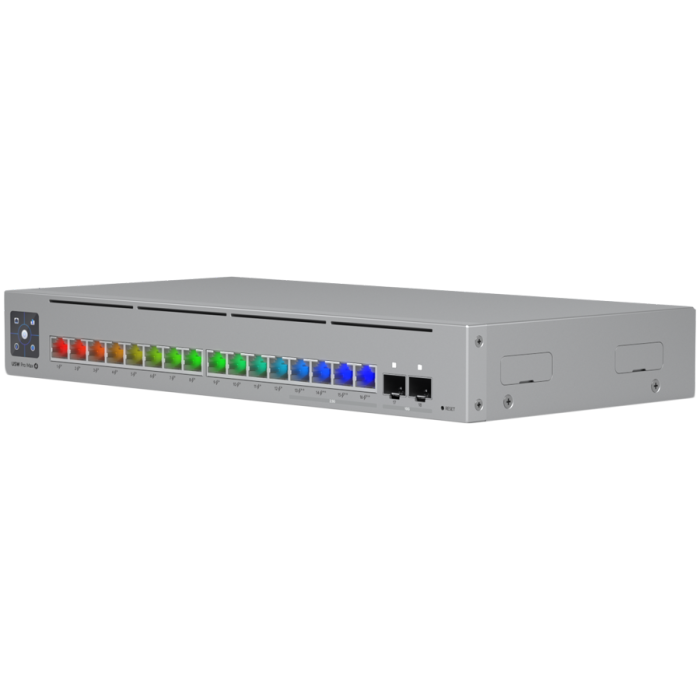 Ubiquiti 16-port, Layer 3 Etherlighting switch with 2.5 GbE, PoE++ output, and versatile mounting options, 4x 2.5 GbE PoE++ ports, 12x GbE PoE+ ports, 2x 10G SFP+ ports, 180W total PoE availability