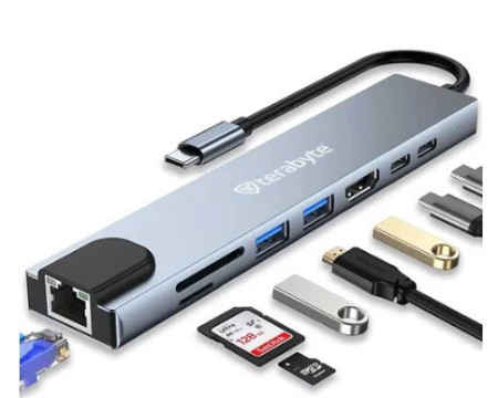 Adapter Terabyte Type C na RJ45 2xUSB 3.0 HDMI 2xPD SD TF 8 u 1 sivi