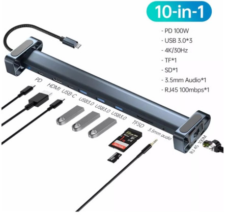 Adapter Type C JWD-TC45 na LAN, PD, HDMI, Type C, 3x USB 3.0, SD, TF, 3.5mm 10 u 1 sivi