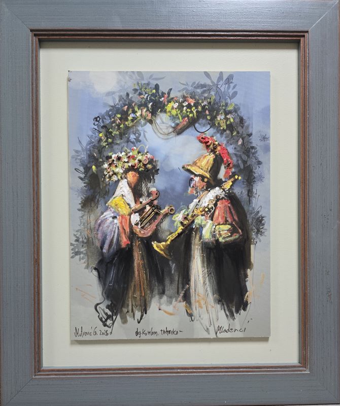 Mladenci, Goran Mitrović, bez rama 40×30 cm, sa ramom 60×50 cm, digitalna kombinovana tehnika sa dodatim aplikacijama i islikanim detaljima uljanom bojom, unikat slika, sertifikat, 38940 dinara