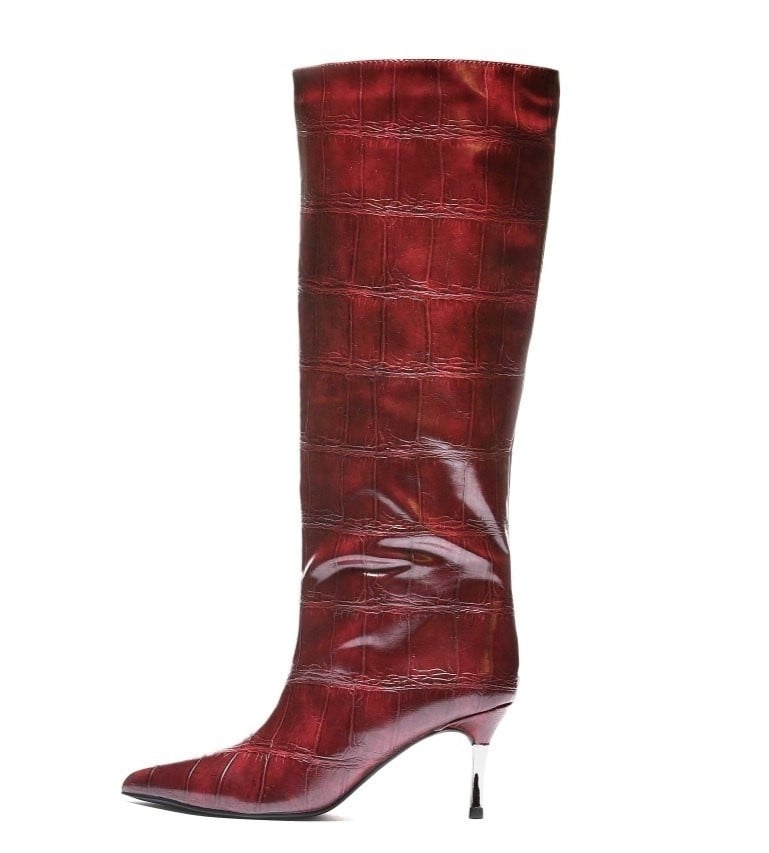 Duboke čizme na tanku štiklu LX562566 bordo kroko