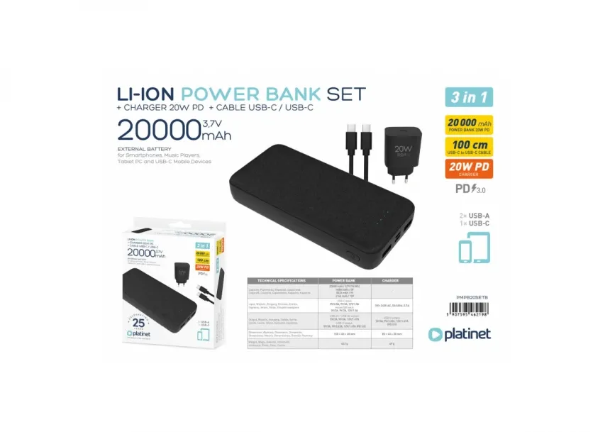 Power bank PL PMPB20SETB 20000 mAh 20W