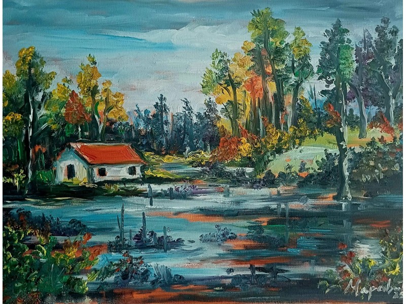 PEJZAŽ SA KUĆOM-ULJA NA PLATNU 40 X 30 CM