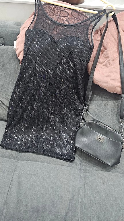 Crna glam haljina sa šljokicama + mala crossbody torbica - Haljina