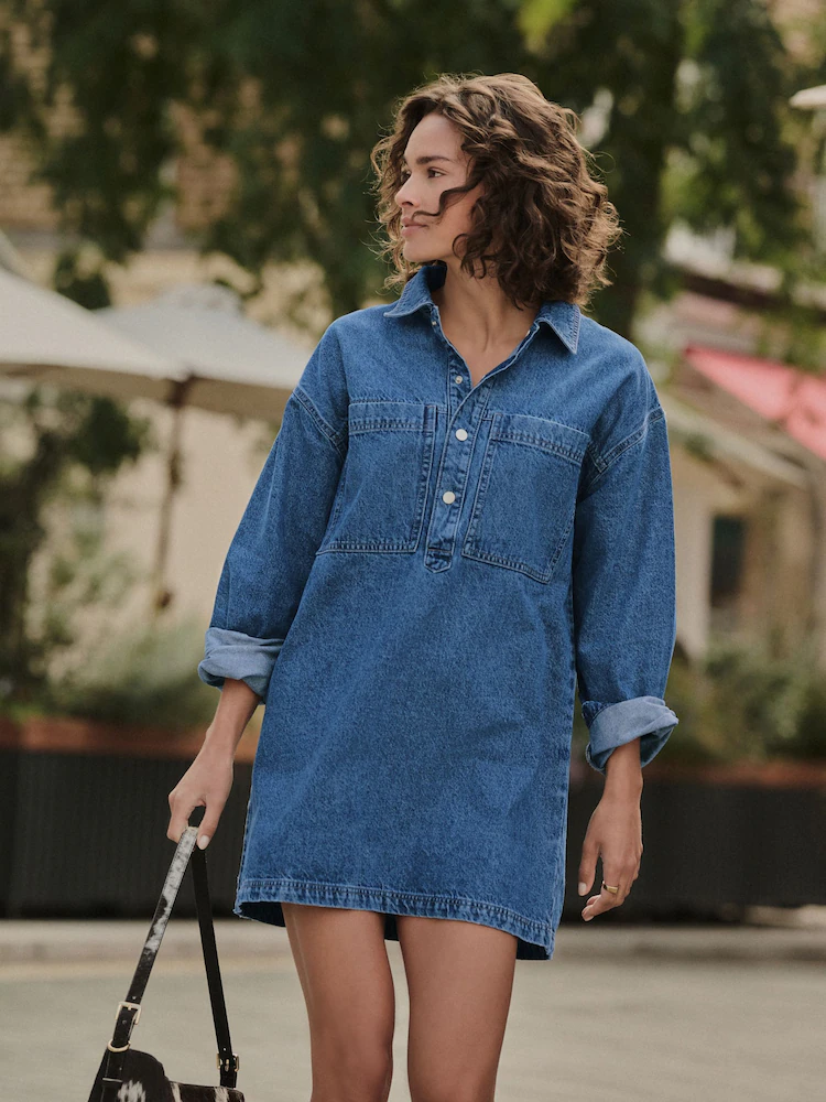 Mid Plavo - Mini Long Sleeve Utiliti Denim haljina