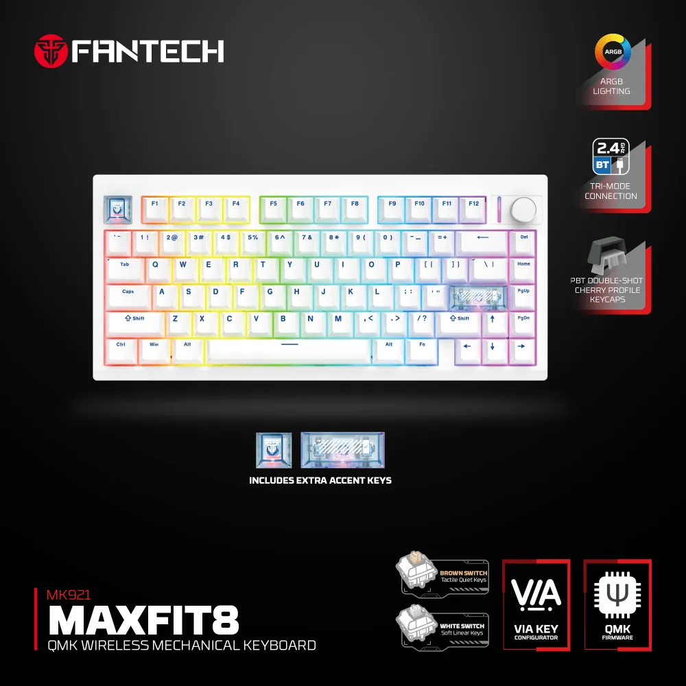 Tastatura Mehanicka Gaming Fantech MK921 Maxfit 8 Wireless white brown switch