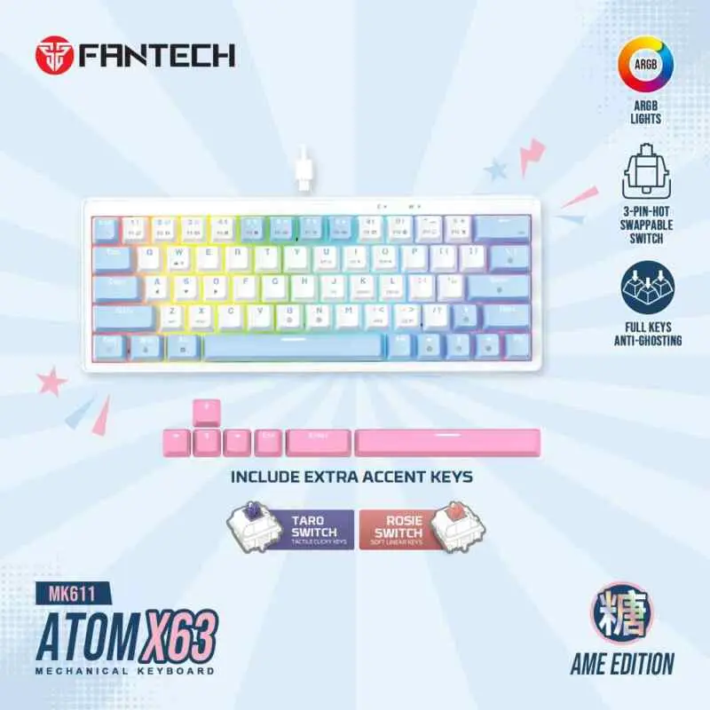 Tastatura Mehanicka Gaming Fantech MK611 Atom x63 AME bela taro switch