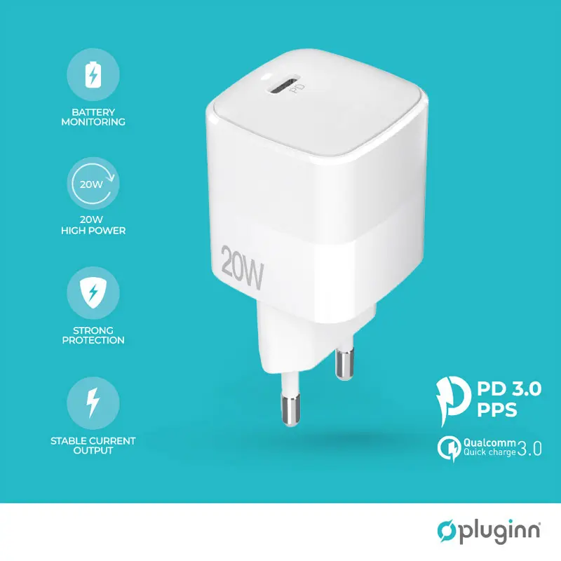 Punjač Pluginn PI-D61S, PD30, PPS, 20W sa PD iPhone Lightning kablom, Beli