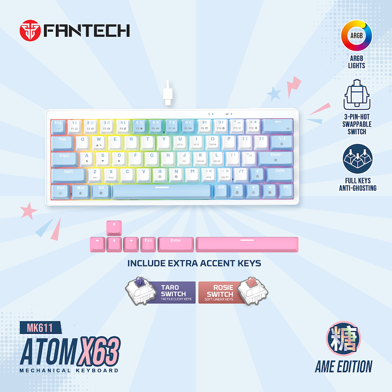 Tastatura Mehanicka Gaming Fantech MK611 Atom x63 AME bela (taro switch)