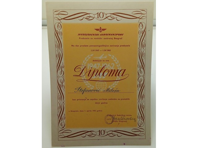Jugoslovenski Aerotransport-Diploma-1947.-1962.