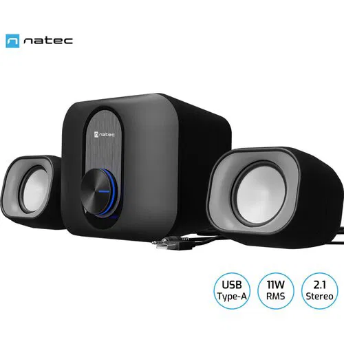 Natec PUG, Stereo Speakers 2.1, 11W RMS (Subwoofer 5W, Satellites 6W), USB power, 3.5mm Connector, Black, NGL-2111