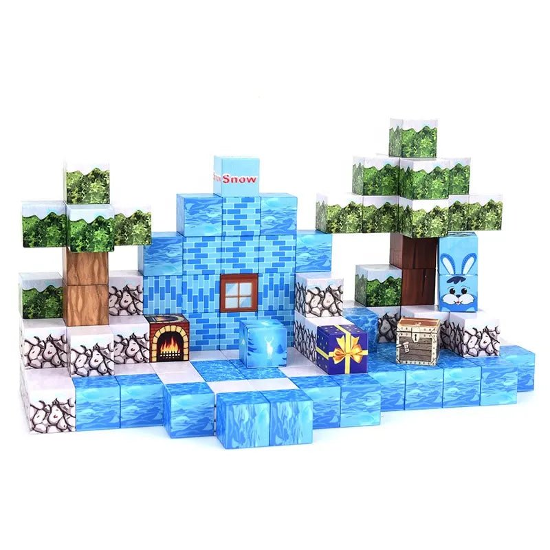 Minecraft magnetne kocke – Set od 144 delova | Zimska kuća i drveće | Kreativni građevinski set za decu