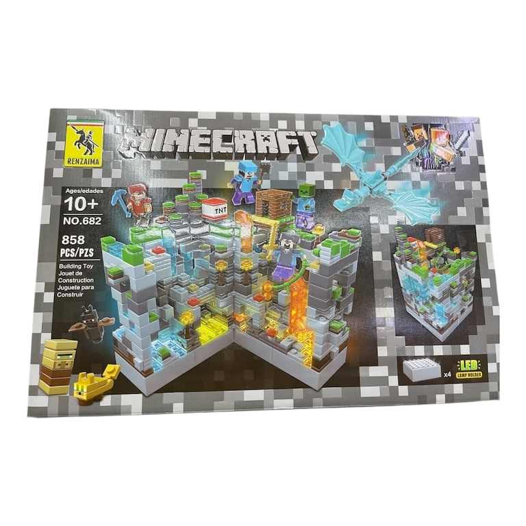 Set kockica Minecraft set za slaganje – 858 delova sa LED osvetljenjem | Rudarska avantura sa lavom, zmajem i figurama