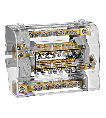 Main branch terminal,4-pole,160A,in.1x50mm²,out.2x35+6x16mm²
4-pole, Input 1 x 10-50mm² (10-35mm² with ferrule), Outgoings 2 x 10-35mm² ( 10-25mm² with ferrule) and 6 x 2,5-16mm² (2,5-16mm² with ...