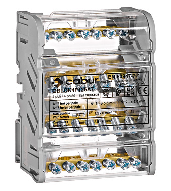 Main branch terminal, 4-p., 125A, in 2x25mm², out 5x6mm²
4-pole, Input 2 x 10-25mm² ( 10-16mm² with ferrule), Outgoings 5 x 2,5-6mm² ( 2,5-4mm² with ferrule)