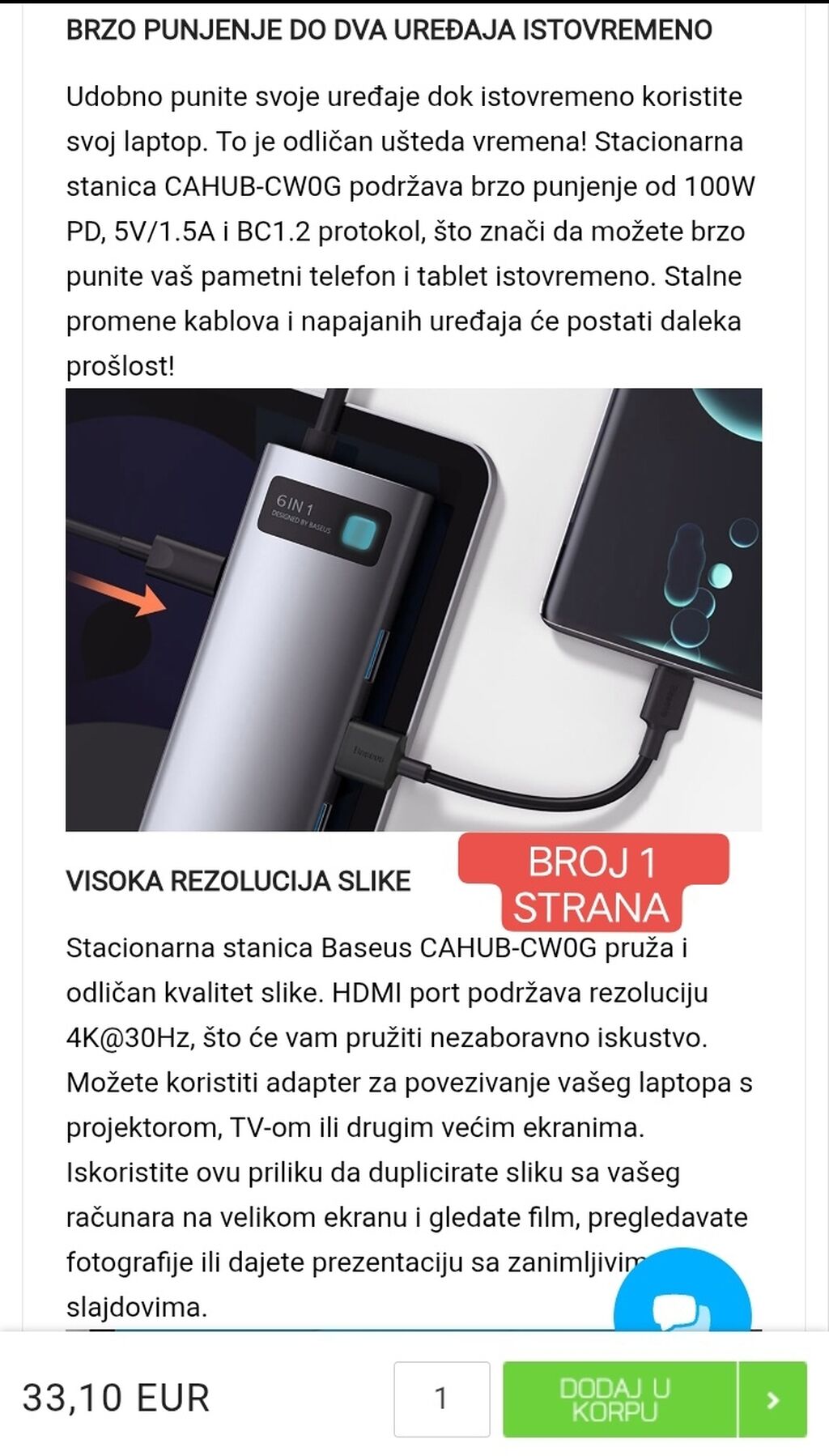 Baseus CAHUB-CW0G 6‑u‑1 USB‑C stoni/hub - Brzo punjenje: podrška za