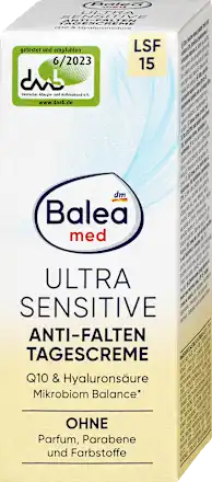 Balea med
ULTRA SENSITIVE krema za lice protiv bora sa hijaluronom, Q10, alantoinom i pantenolom, SPF15, 50 ml