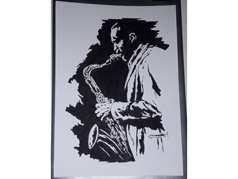 Crtez na hamer papiru 30 x 21,5 cm. - Saksofonista