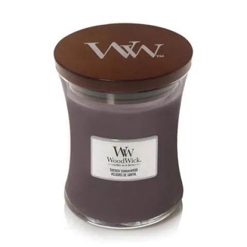 WoodWick mirisna sveća u tegli M - Sueded Sandalwood (sandalovina, vanila i miris kože)
