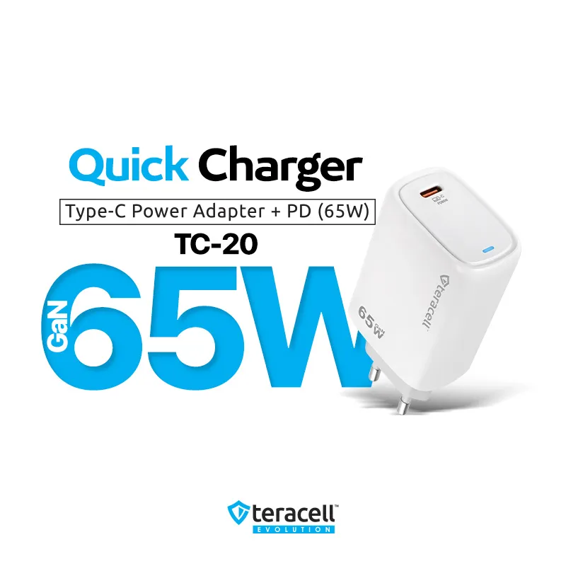 Kucni punjac Teracell Evolution TC-20, GAN, PD Fast charging 65W sa PD type C kablom beli CE