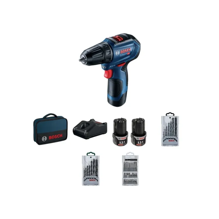 Bosch akumulatorska bušilica - odvrtač GSR 12V-30 + 39-delni set pribora; 2x2,0Ah
