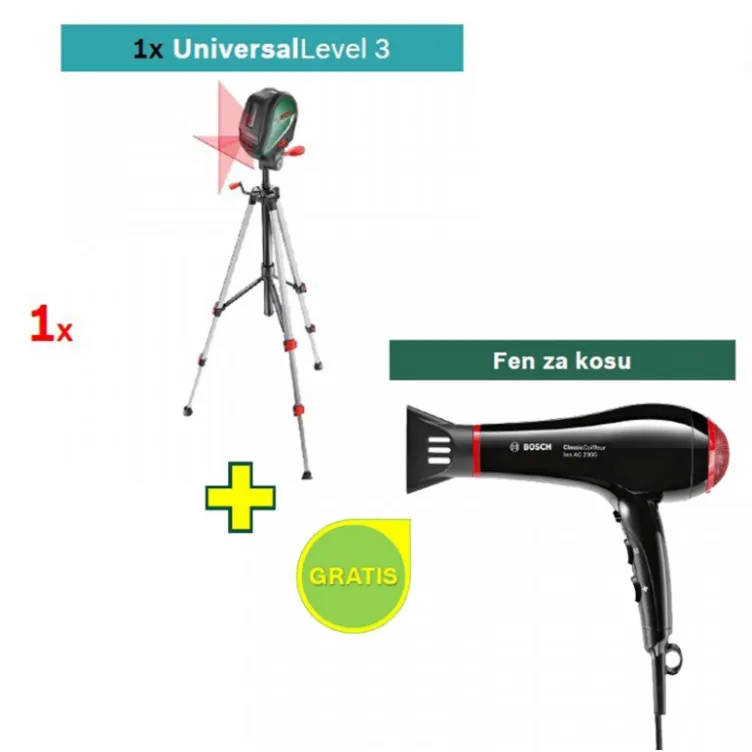 Laser za ukrštene linije Universal Level 3 + Fen za kosu