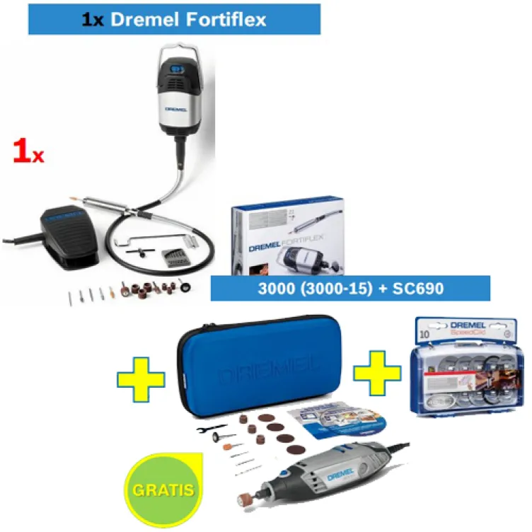 Višenamenski alat DREMEL Fortiflex + Višenamenski alat DREMEL 3000 sa 15 kom pribora + set pribora SC690