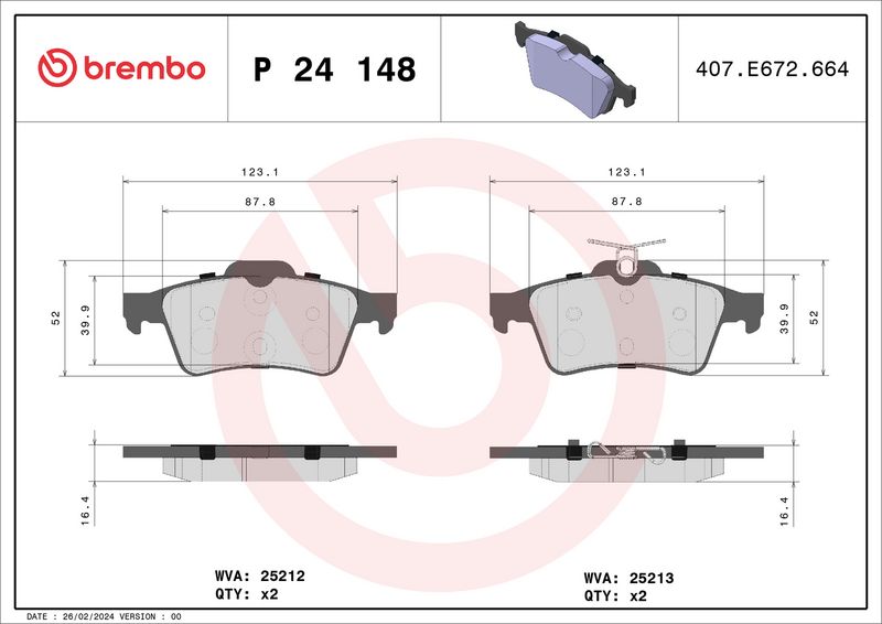 Komplet pločica, disk-kočnica BREMBO P 24 148X