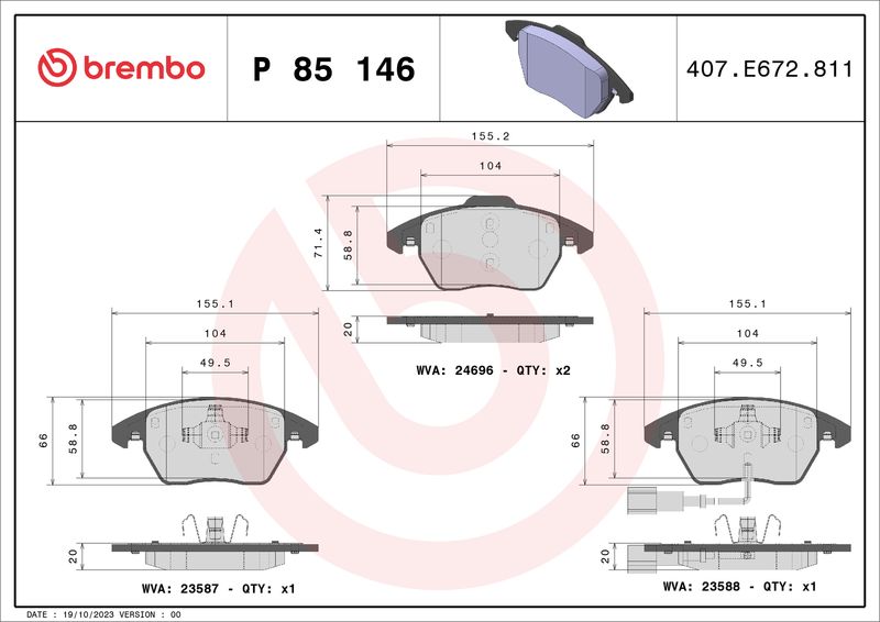 Komplet pločica, disk-kočnica BREMBO P 85 146X