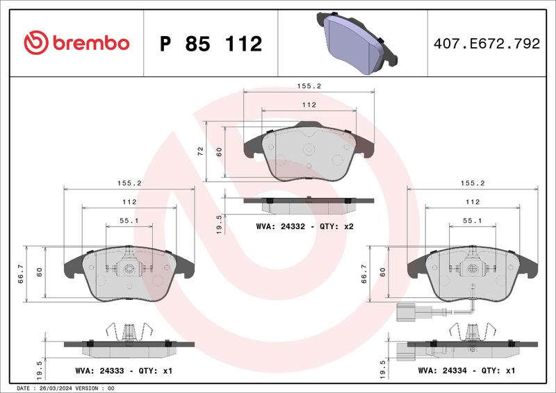 Komplet pločica, disk-kočnica BREMBO P 85 112X