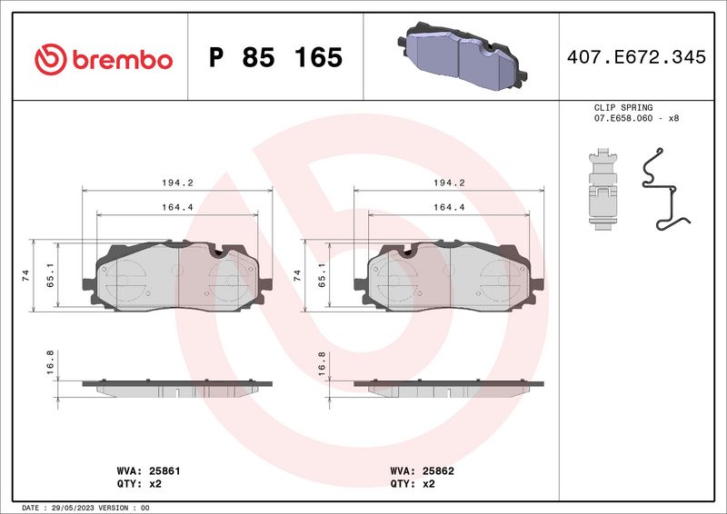 Komplet pločica, disk-kočnica BREMBO P 85 165