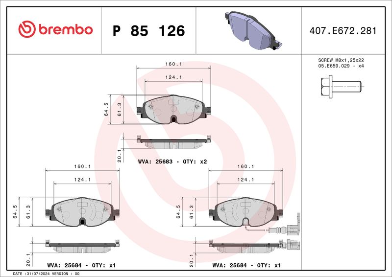 Komplet pločica, disk-kočnica BREMBO P 85 126