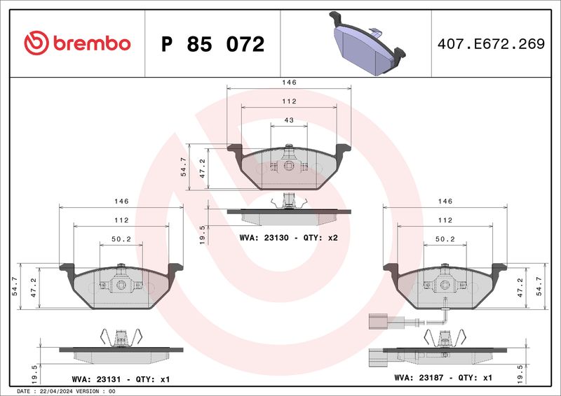 Komplet pločica, disk-kočnica BREMBO P 85 072