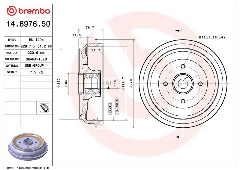 Doboš kočnice BREMBO 14.B976.50